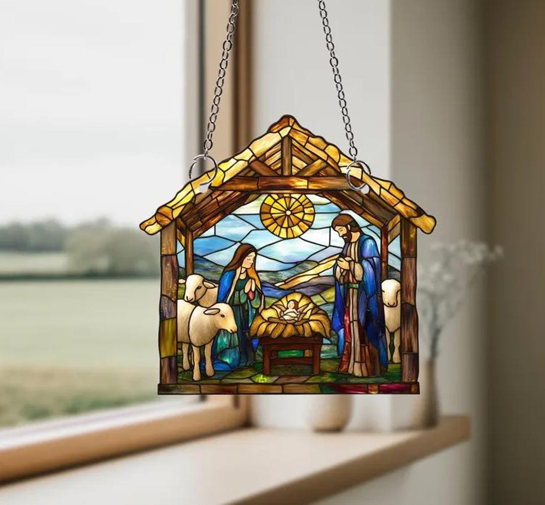 Nativity Scene Suncatcher, Faux Stained Acrylic Christian Window ...