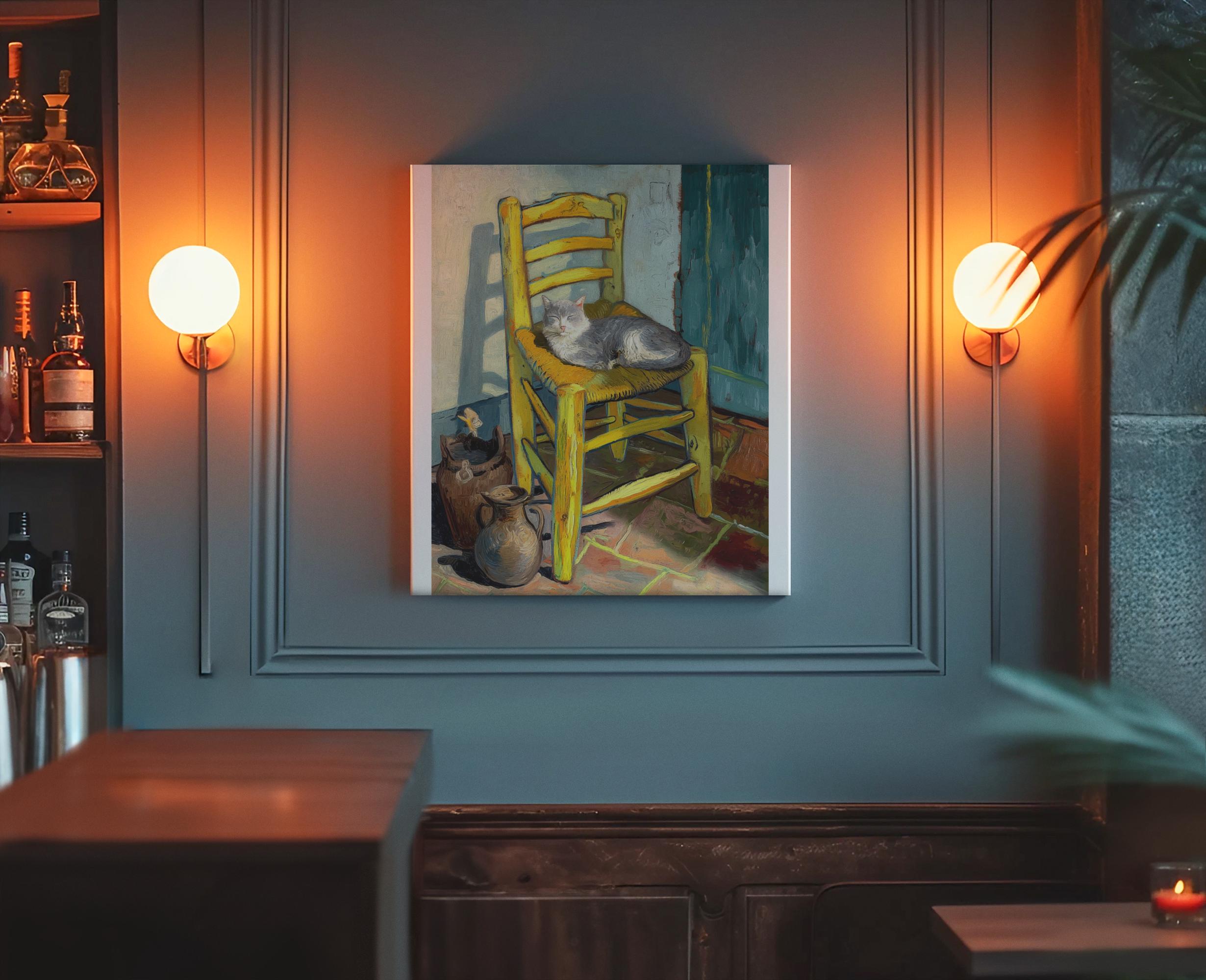 Van Gogh Style Cat Art – Elegant Cat Sleeping on Rustic Chair ...