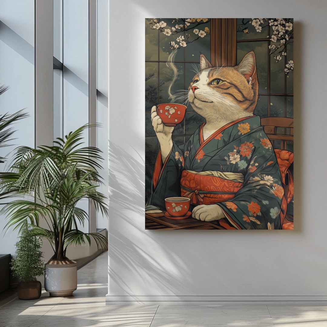 Ukiyo-e Style Cat Art | Japanese Tea Ceremony Cat Print | Kimono Cat ...