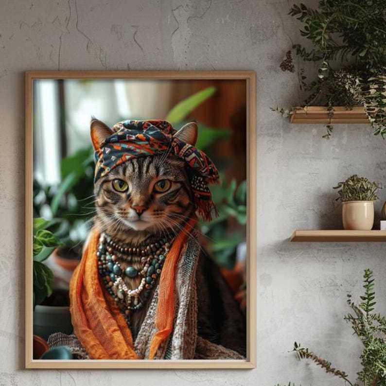 Bohemian Chic Cat Art | Stylish Wall Decor | Digital Download - Etsy