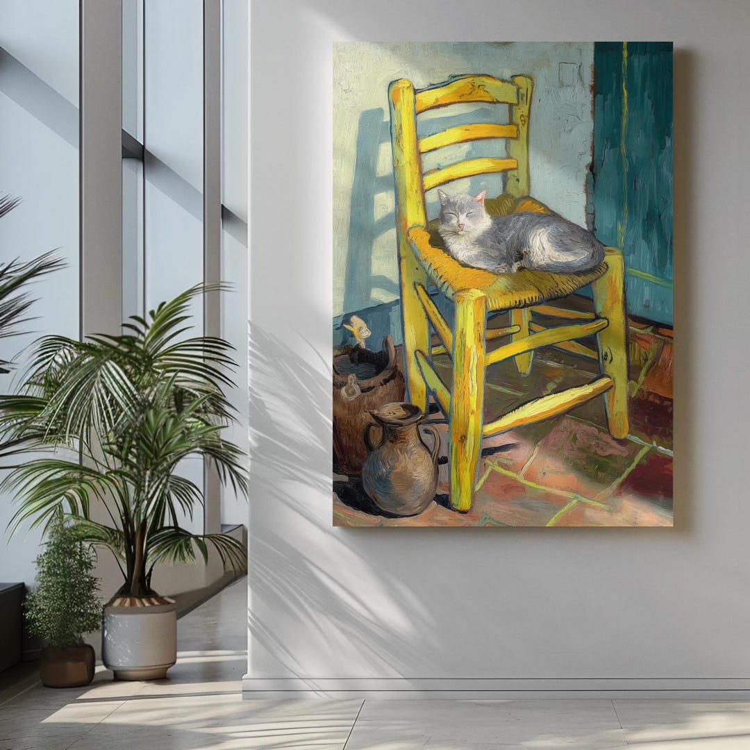 Van Gogh Style Cat Art – Elegant Cat Sleeping on Rustic Chair ...