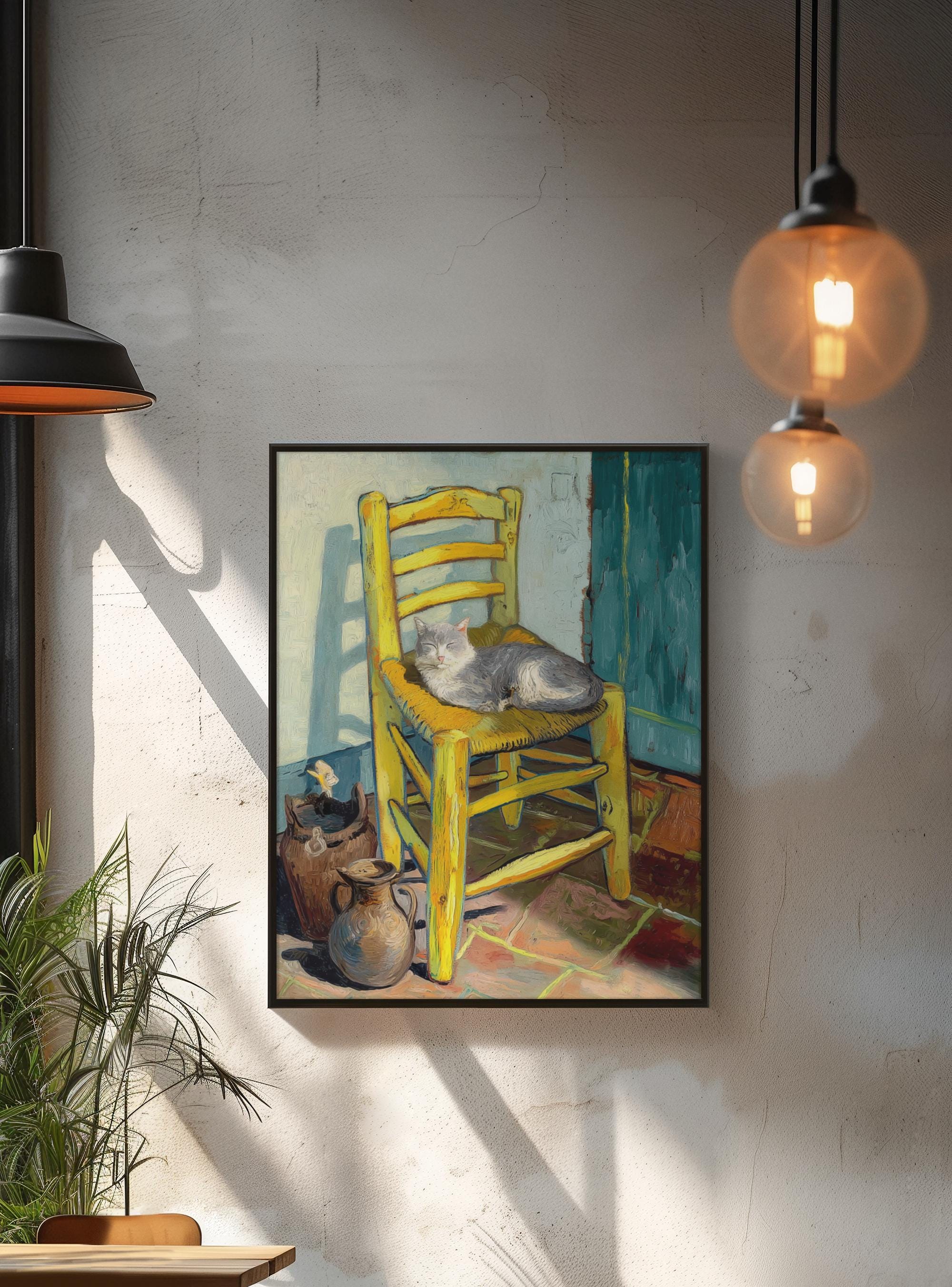 Van Gogh Style Cat Art – Elegant Cat Sleeping on Rustic Chair ...