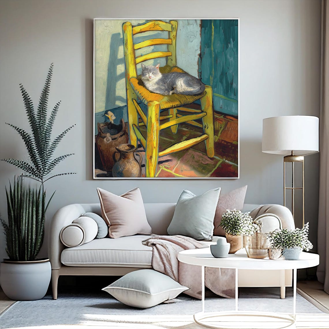 Van Gogh Style Cat Art – Elegant Cat Sleeping on Rustic Chair ...