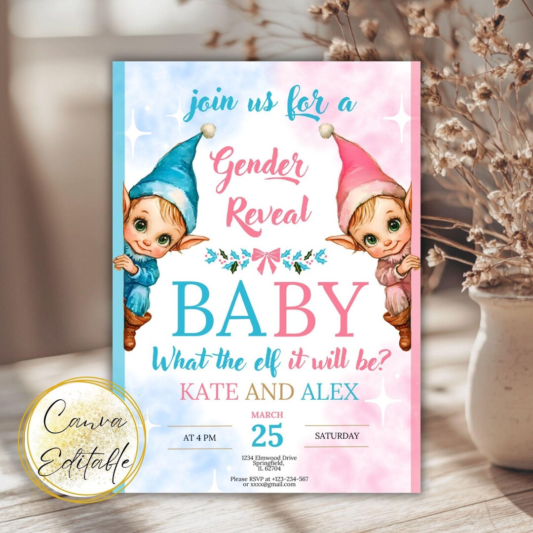 Customizable Winter Elf Gender Reveal Invitation Instant Download for ...