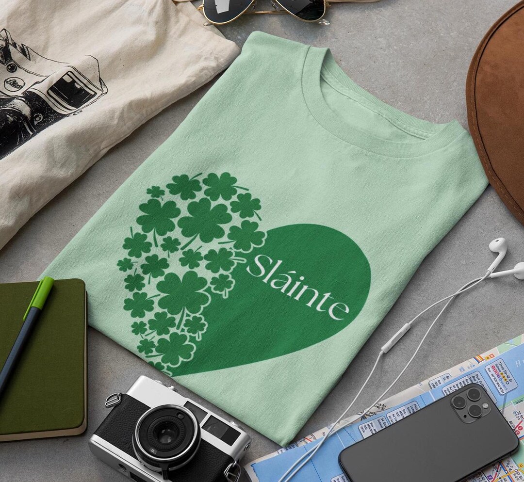 Slainte Shamrock Shirt, Four Leaf Clover Heart Tshirt, St Patricks Tee for Women, Green St ...