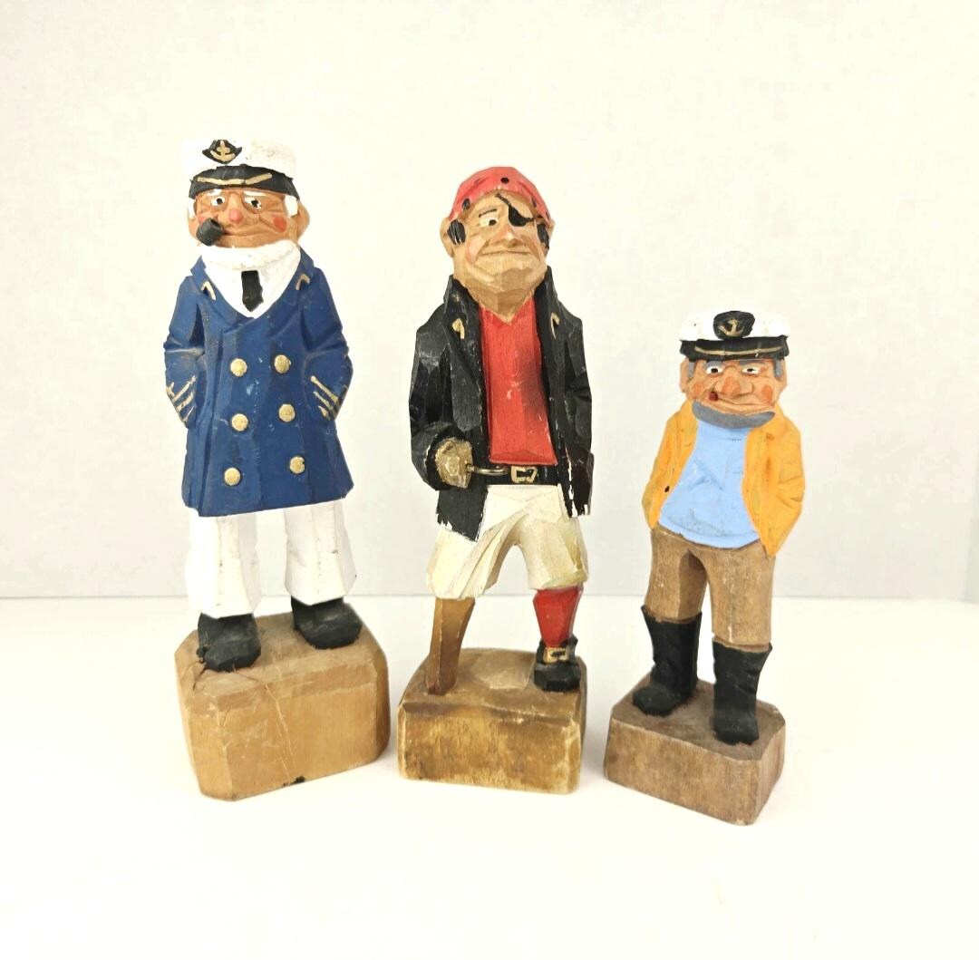 Vintage Wooden Captian Sailor & Peg Leg Pirate Hand Carved Figurines ...