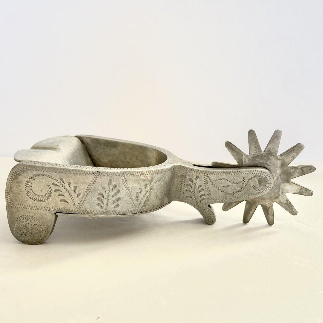 Stamped Crockett Vintage Aluminum Cowboy Boot Spur Ashtray Engraved ...