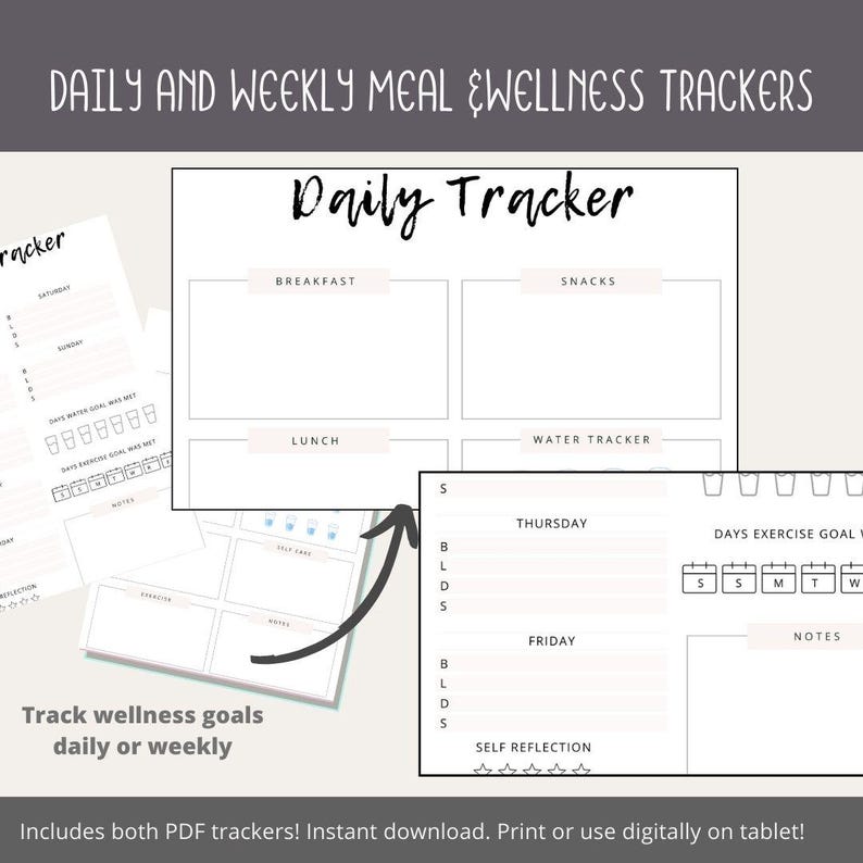 Daily Weekly Wellness Tracker Printable Template Food Meal Exercise ...