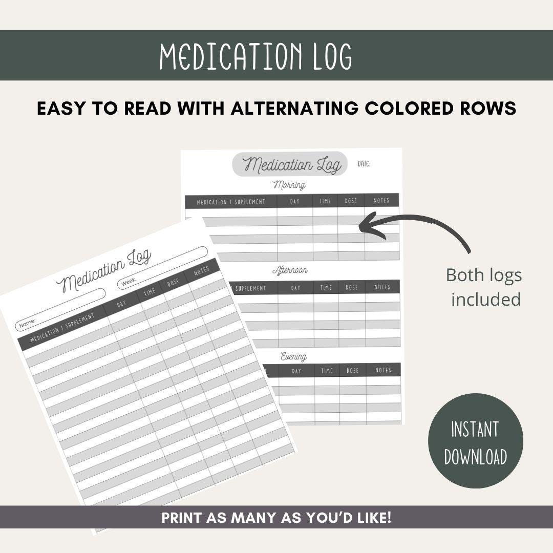 Medication Log Tracker Printable Daily Med Tracker for Caregivers ...
