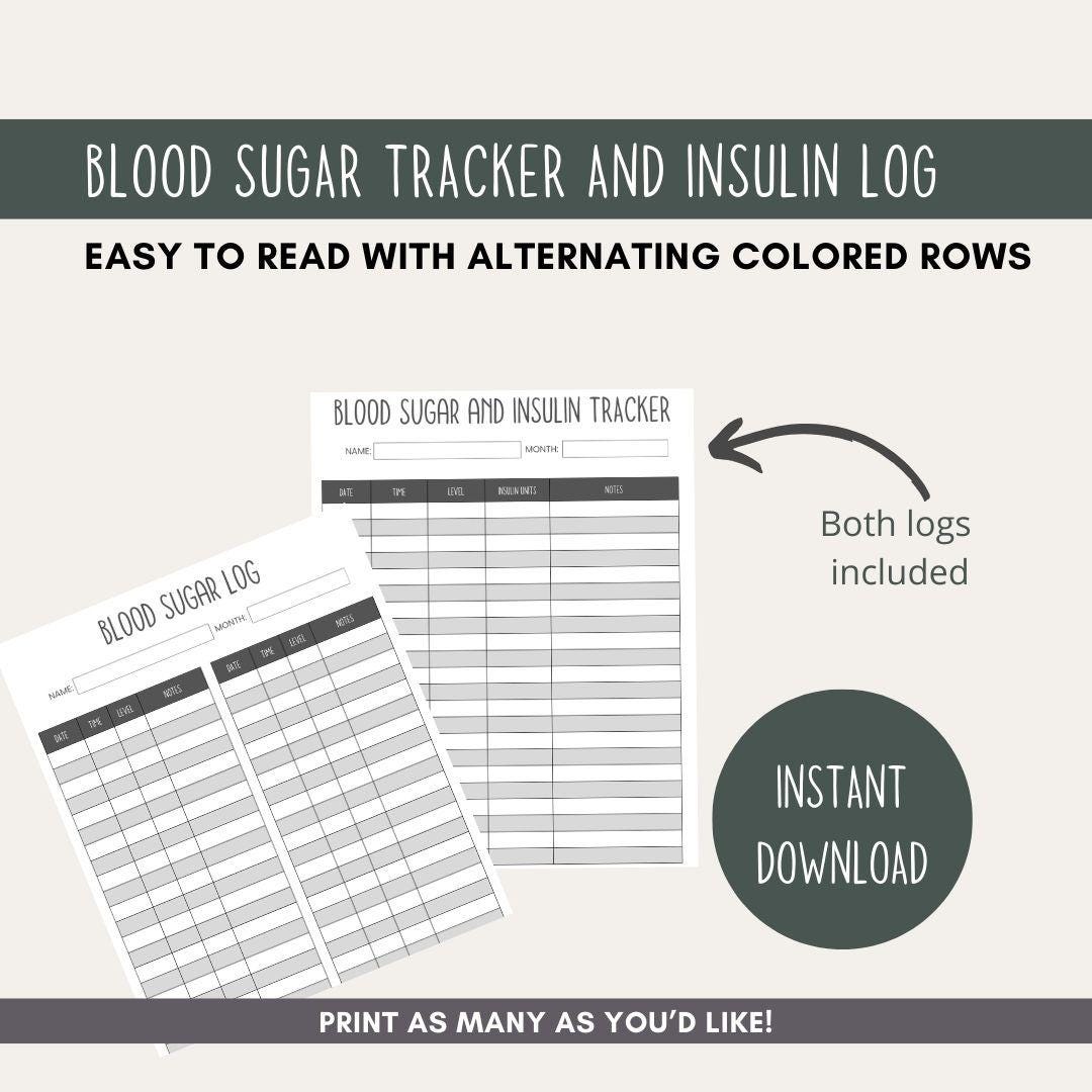 Blood Sugar and Insulin Log Printable Diabetic Tracker Sheets Instant ...
