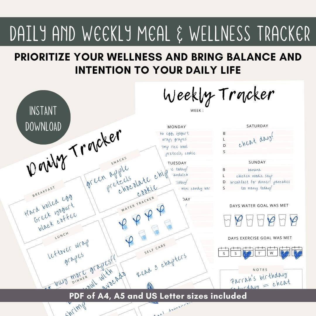 Daily Weekly Wellness Tracker Printable Template Food Meal Exercise ...