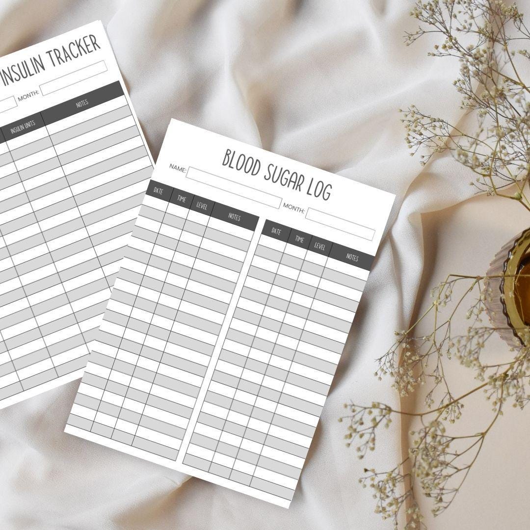 Blood Sugar and Insulin Log Printable Diabetic Tracker Sheets Instant ...