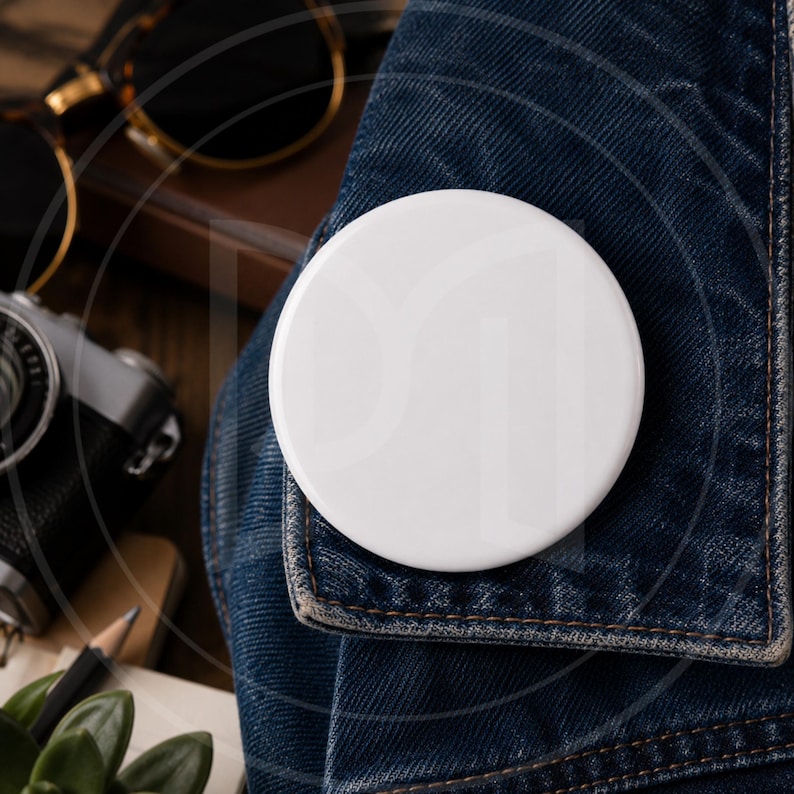 Denim Jacket Round Pin Mockup, Lifestyle Glossy Pin Button Mock PNG ...