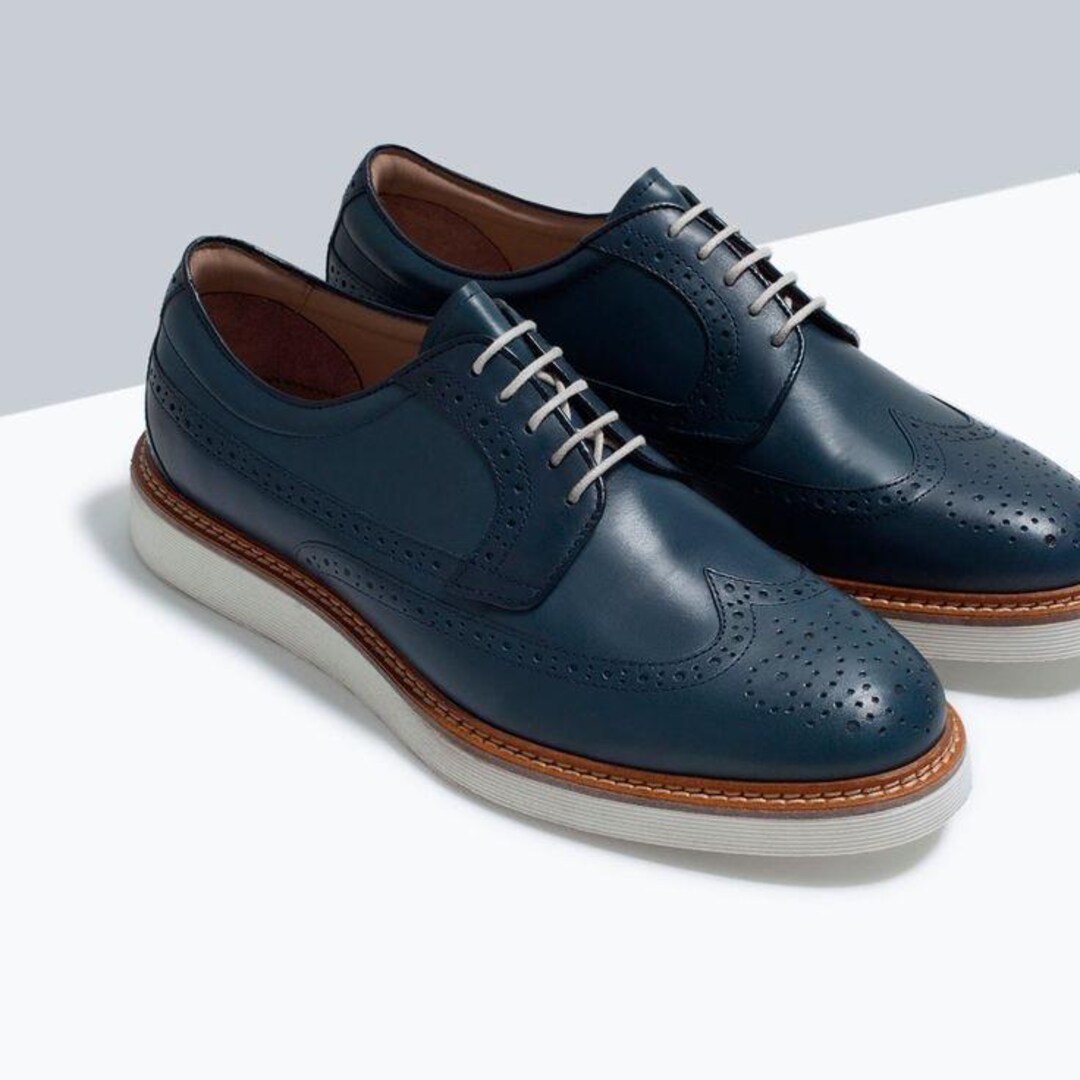 Handcrafted Brown Leather Wingtip Brogue Shoes: Lightweight White Sole ...