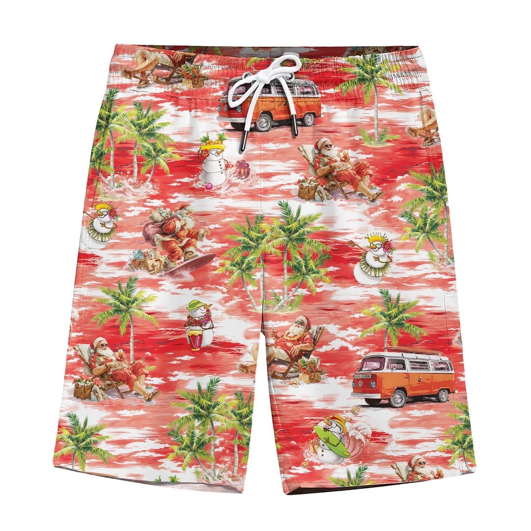 Mens Santa Claus Hawaiian Shorts: Christmas Aloha Tropical Swim Trunks ...