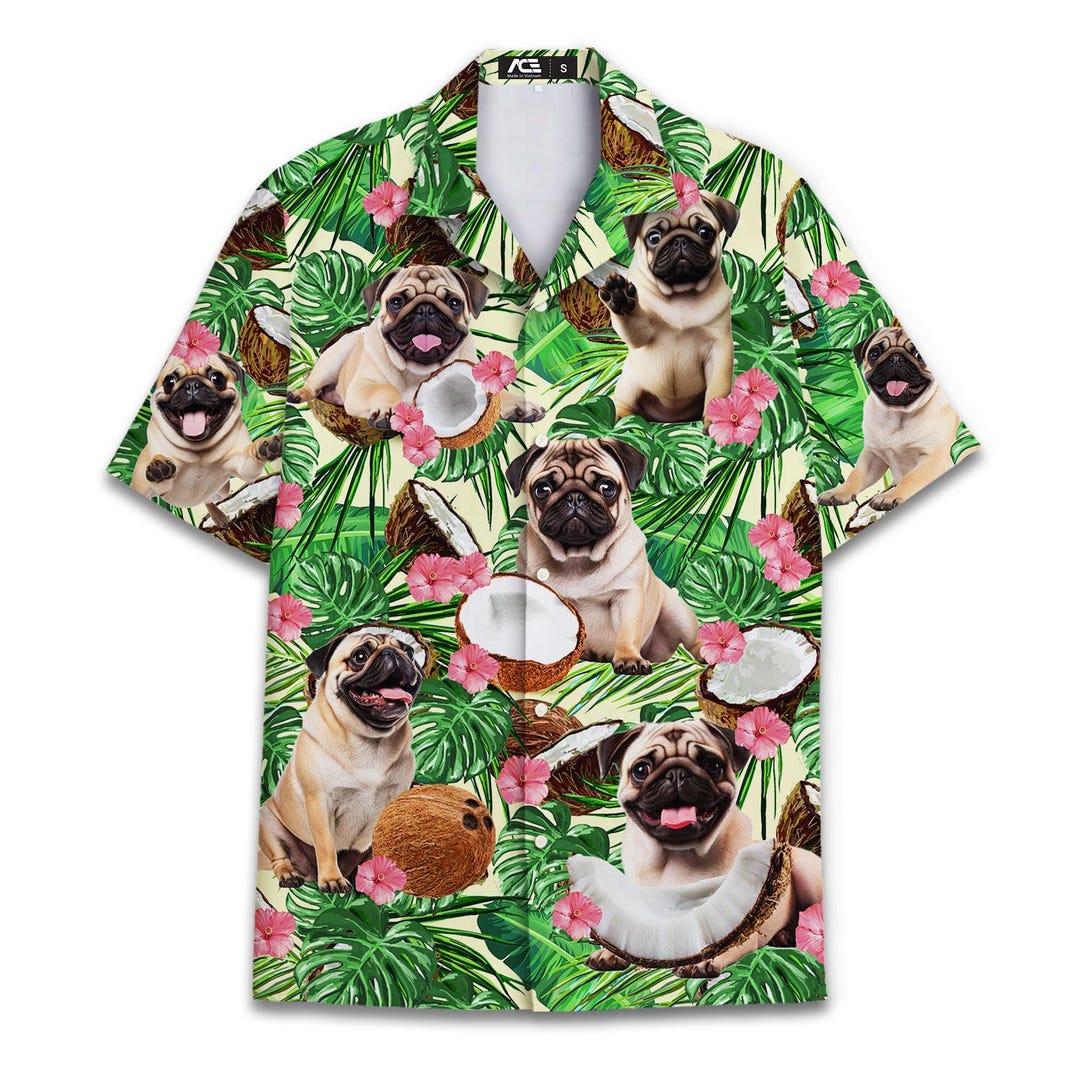 Funny Coconut Pug Hawaiian Shirt for Men Aloha Tropical Pug Mens ...