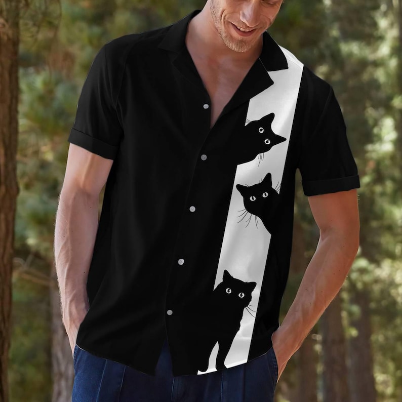 Black Cat Hawaiian Shirt: Funny Cat Button Down Short Sleeve - Etsy