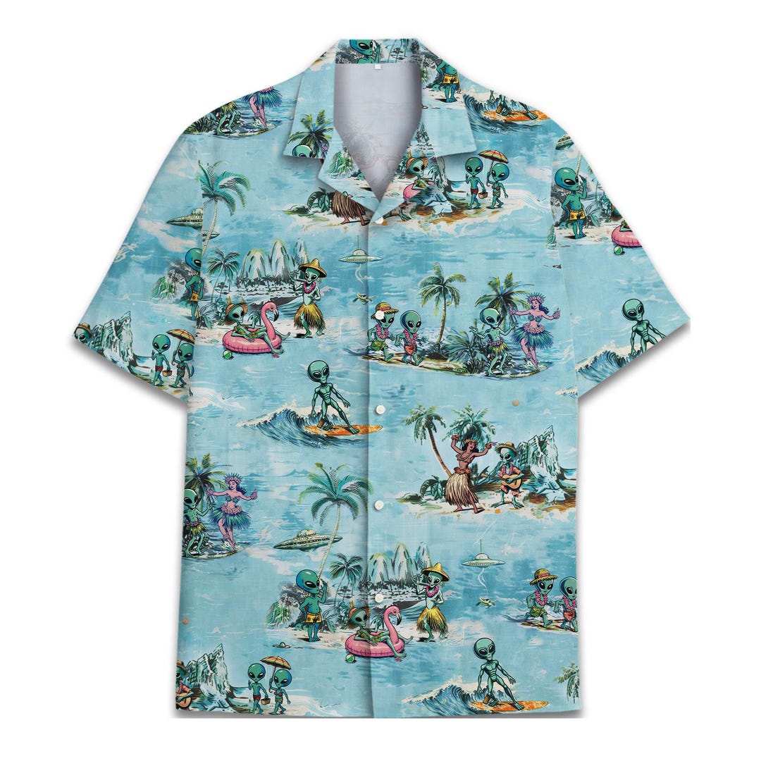 Retro Hawaii Beach Alien Hawaiian Shirt for Men Aliens Summer Vacation ...