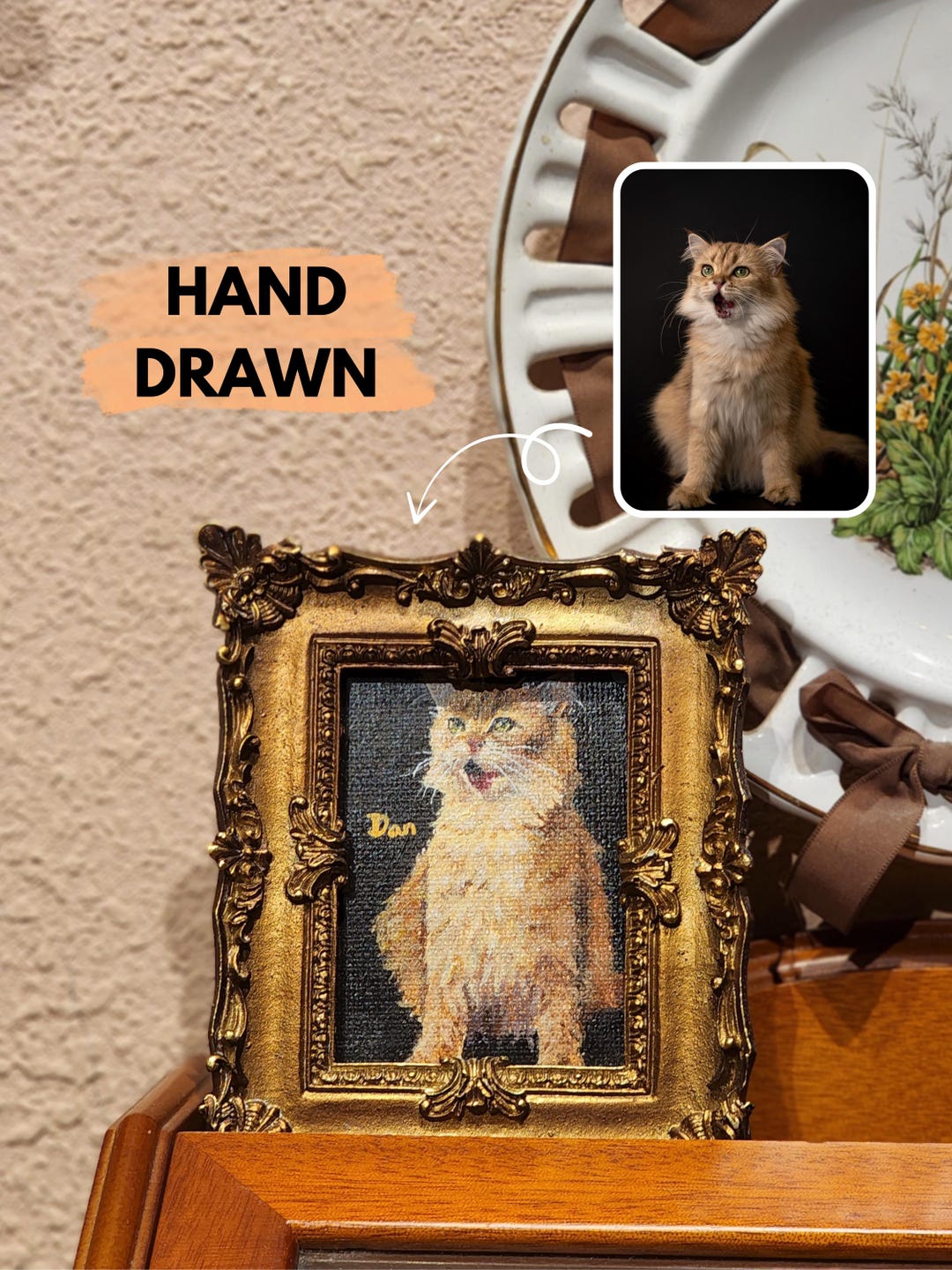 Hand-painted Mini Pet Portrait: Vintage Baroque Frame, Custom Memorial ...