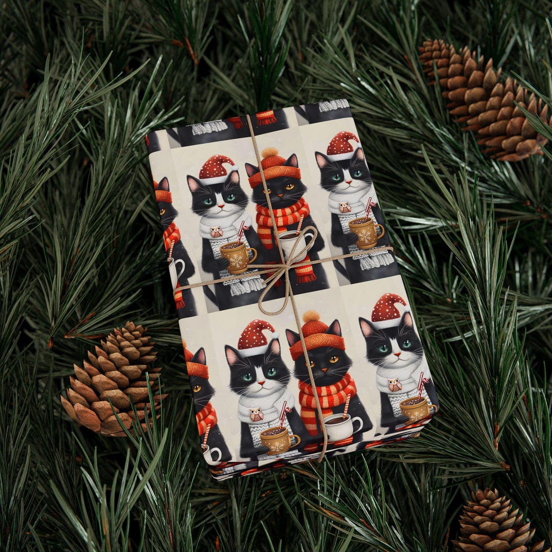Christmas Cat Wrapping Paper Sheets, Coffee Mug Gift Wrap, Cat Lover ...