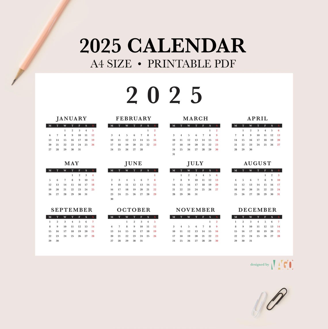 2025 Calendar, Monday Start, Printable Calendar Template, Calendar ...