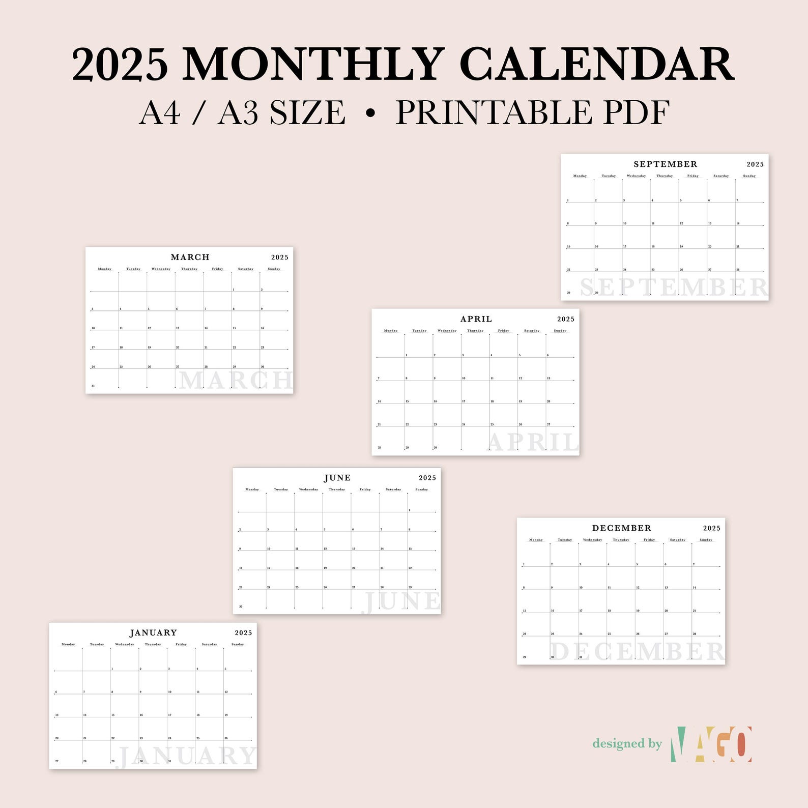 2025 Monthly Calendar, Monday Start, Printable Calendar Template ...