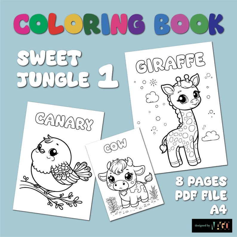 Sweet Jungle 1, Coloring Book, Kids Coloring, Cute Coloring Pages - Etsy