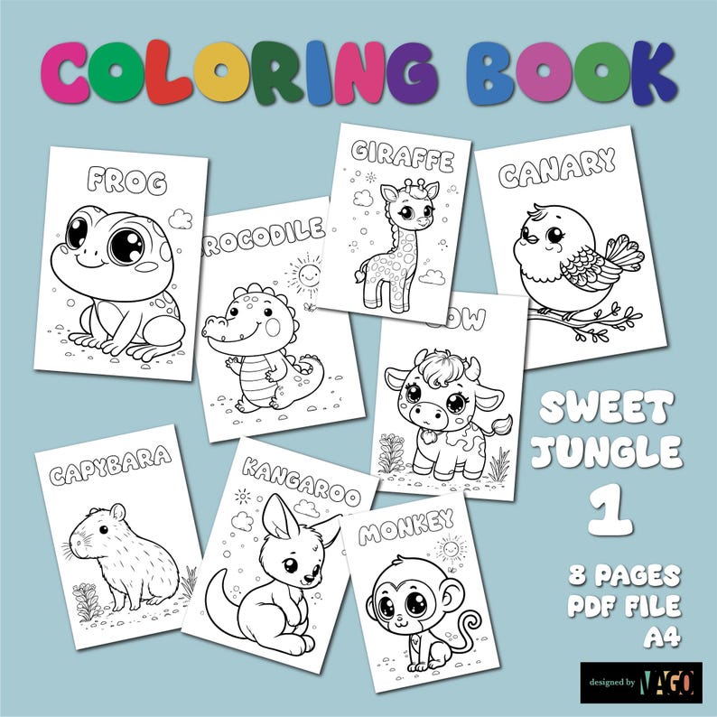 Sweet Jungle 1, Coloring Book, Kids Coloring, Cute Coloring Pages - Etsy