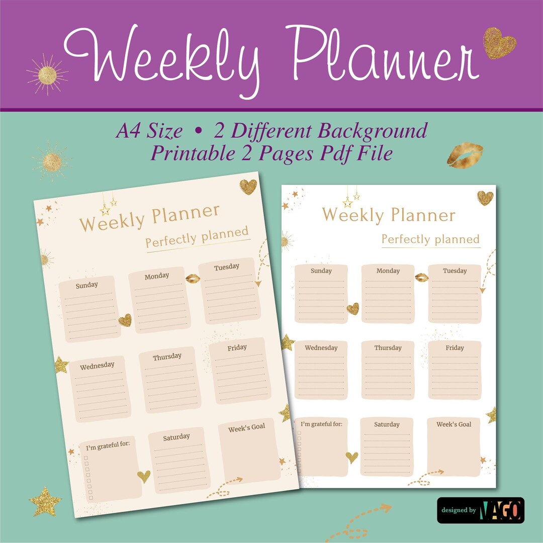 Printable Weekly Planner: Sunday Start, A4 Size (digital Download) - Etsy