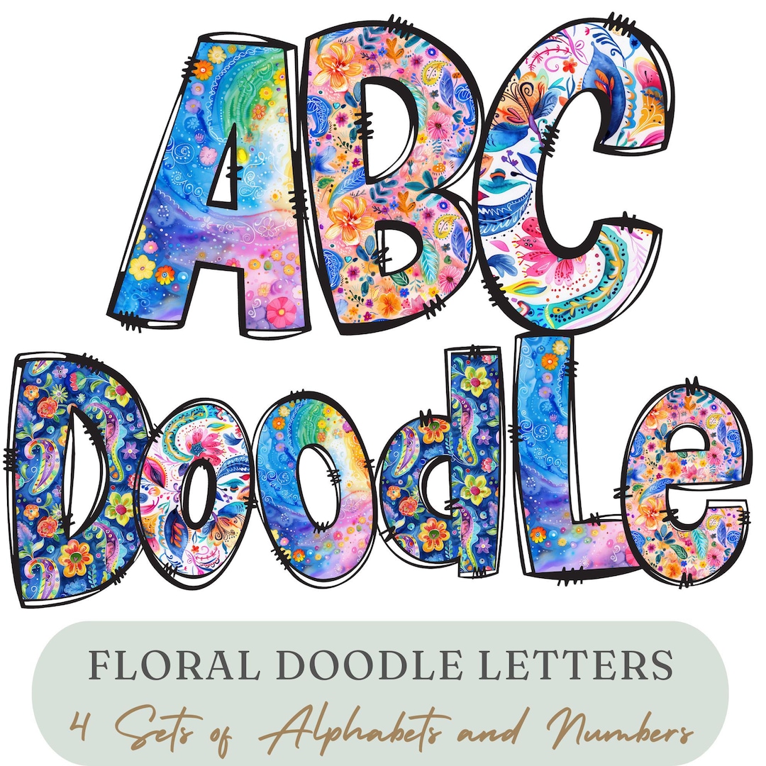Floral Doodle Letters PNG- Watercolor Florals Alphabet Clipart Letters ...