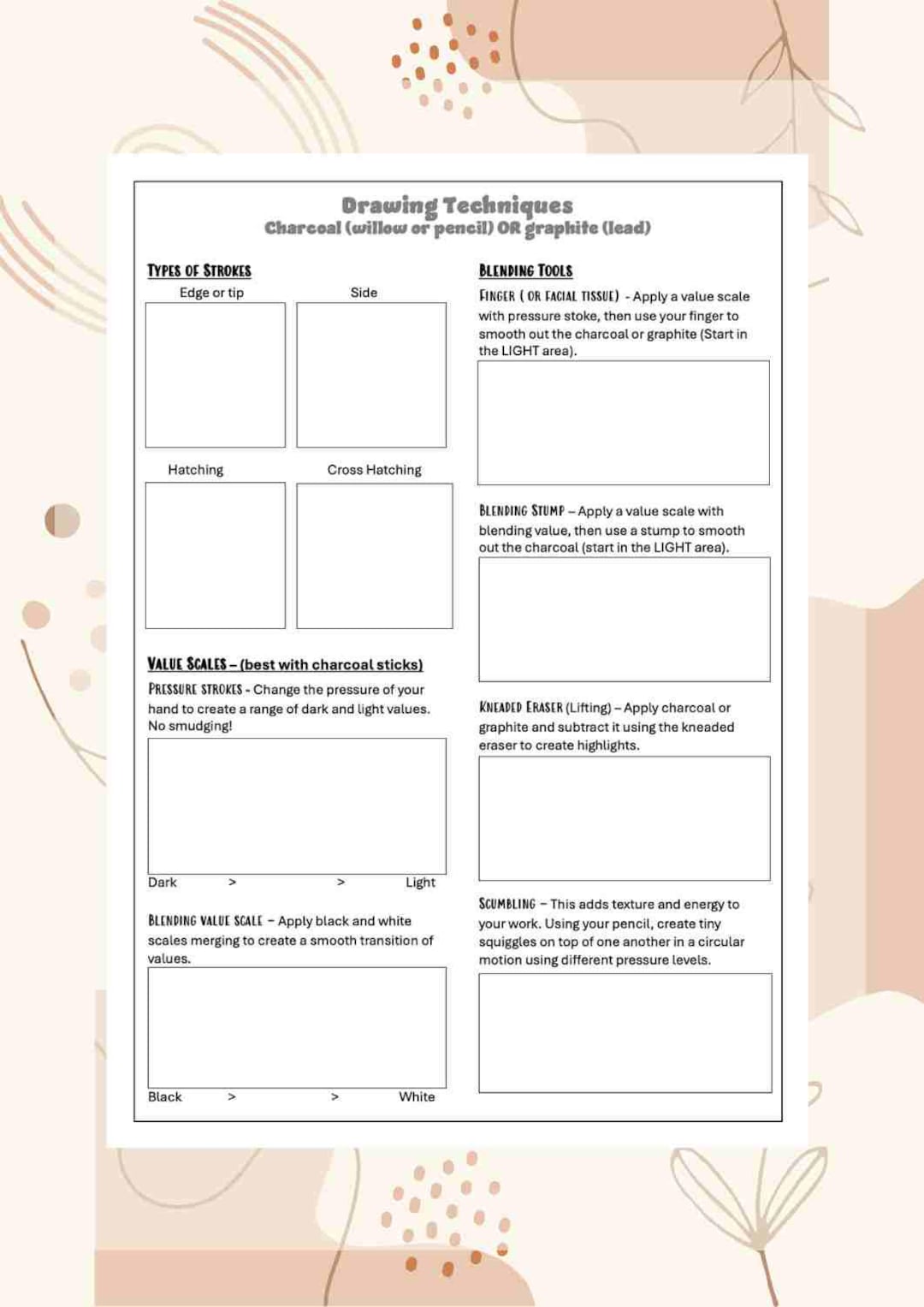 Charcoal and Pencil Drawing Techniques Worksheet for Visual Arts ...