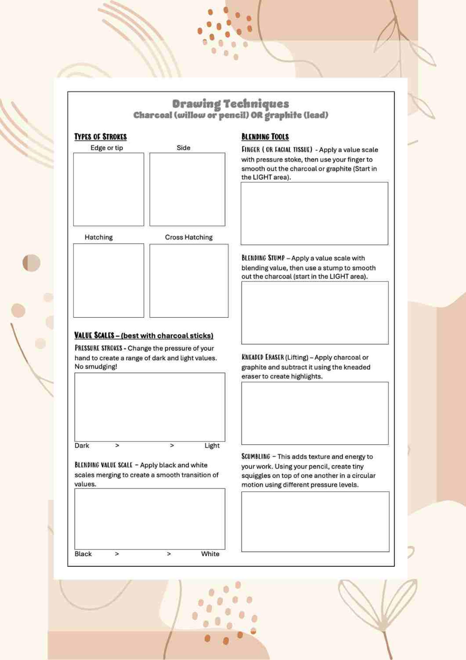 Charcoal and Pencil Drawing Techniques Worksheet for Visual Arts ...