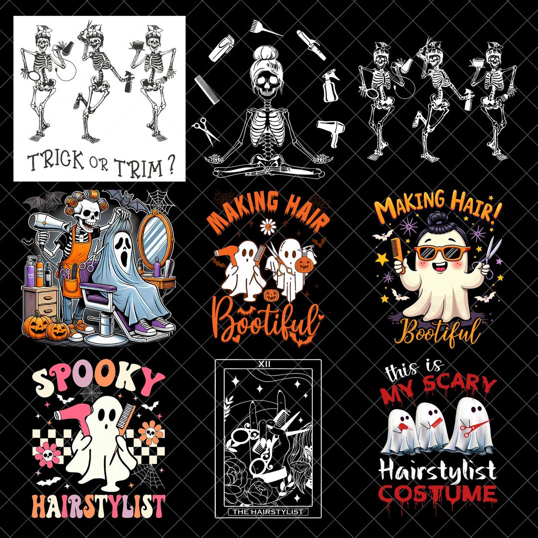 Halloween Hairstylist PNG Bundle, Spooky Hairdresser Ghost Skeleton Png ...