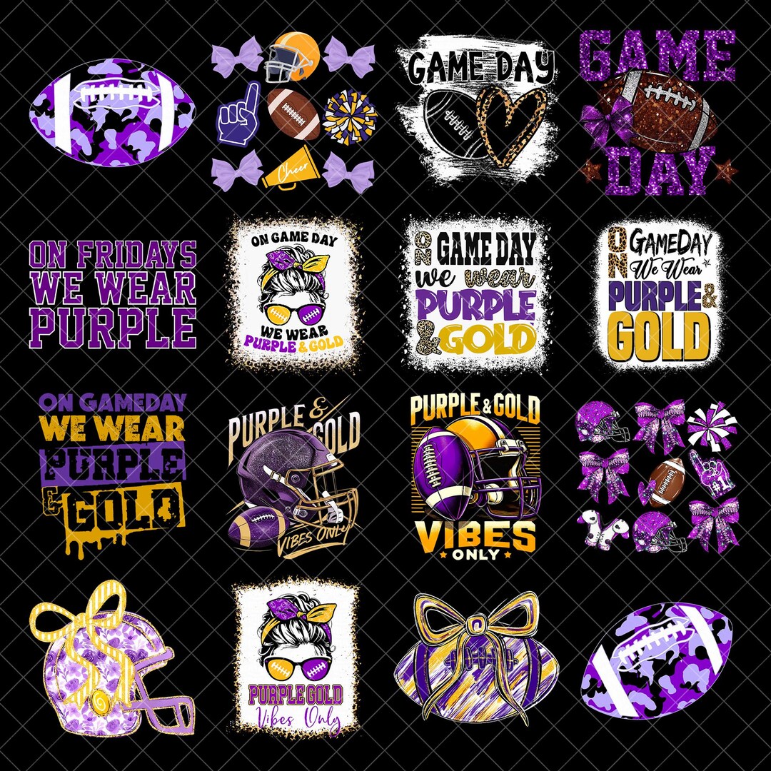 Purple Gold Game Day PNG Bundle, Football Cheer Bow Helmet Digital ...