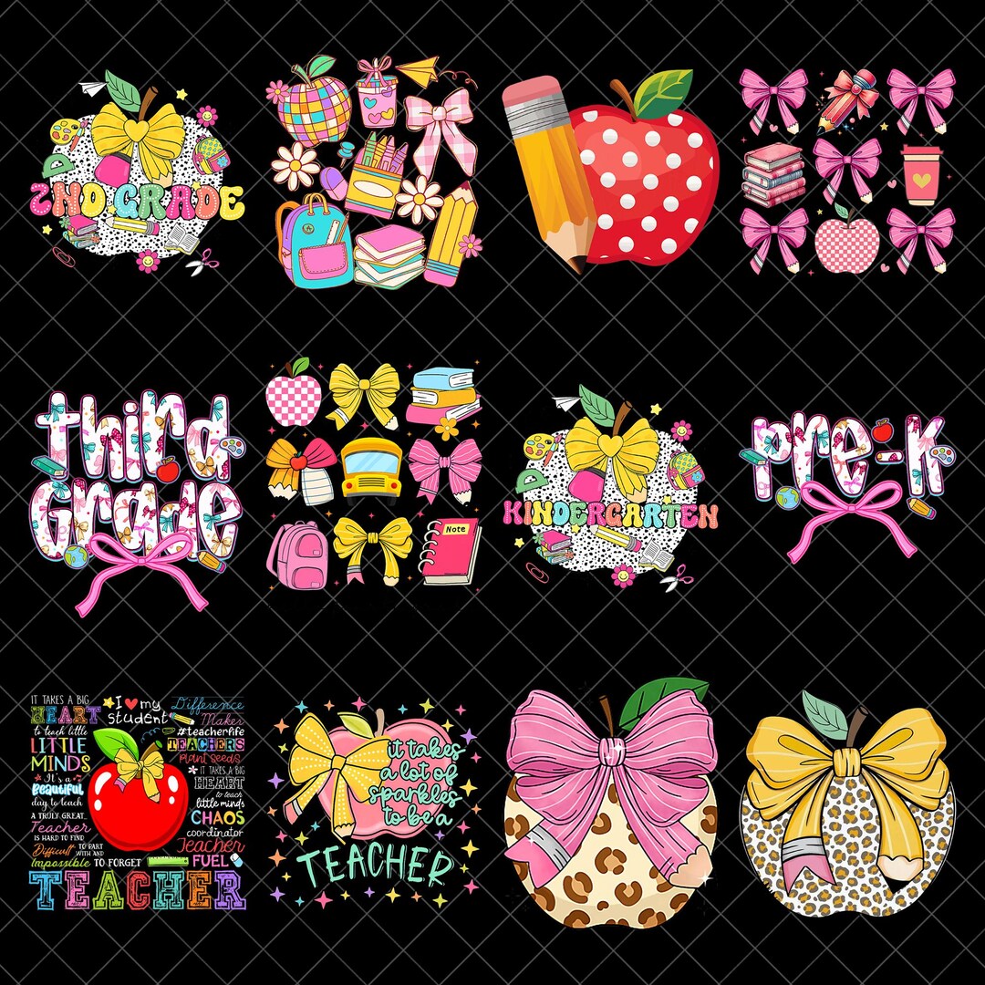 Apples Pencils Bows School Png Bundle, Back to School Teacher PNG, Prek ...