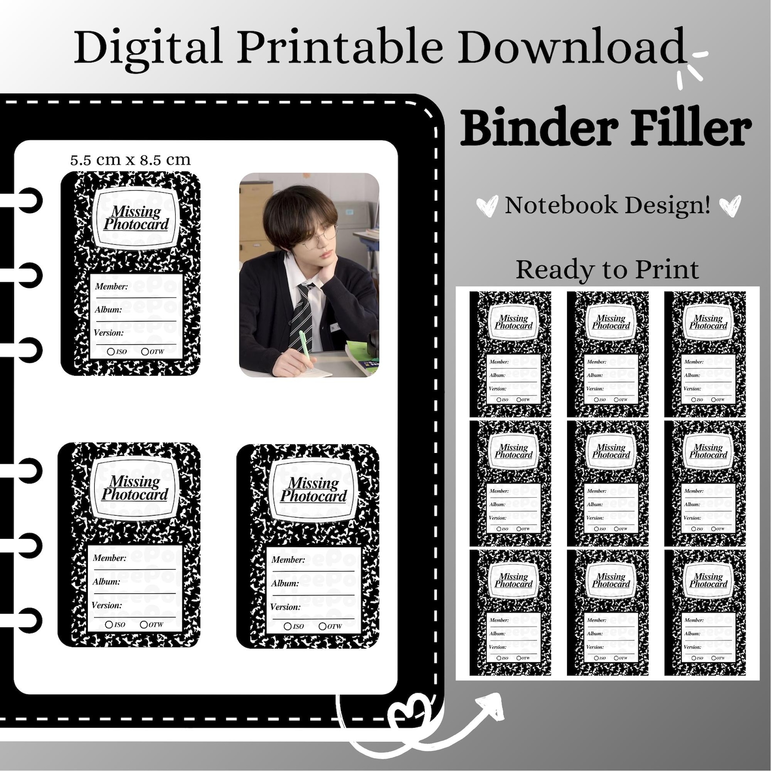 Missing Photocard Filler | Black Notebook Design | Digital Printable ...