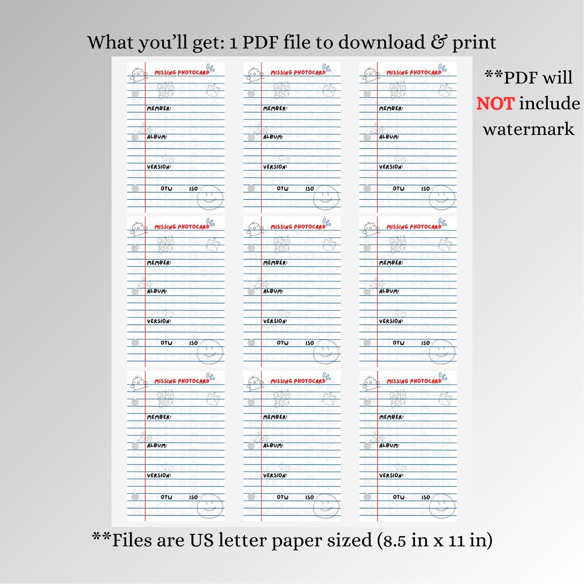 Missing Photocard Filler | Notebook Design | Digital Printable Binder ...