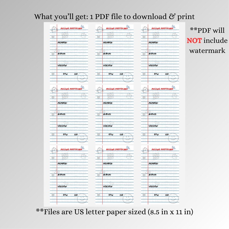 Missing Photocard Filler | Notebook Design | Digital Printable Binder ...