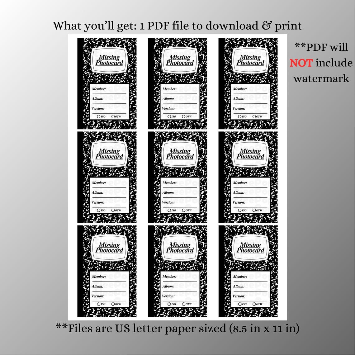 Missing Photocard Filler | Black Notebook Design | Digital Printable ...