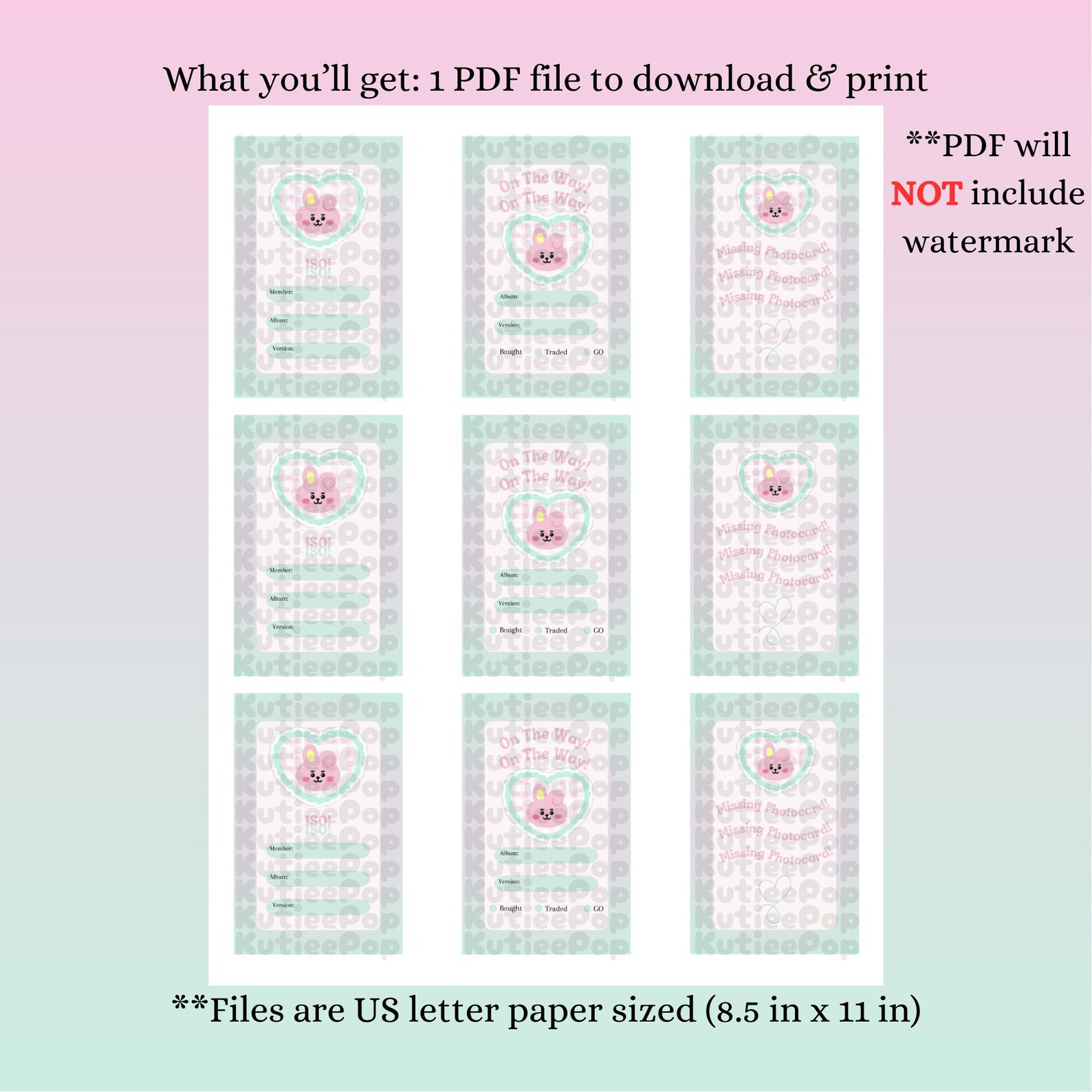 BT21 Cooky Digital Printable Binder Fillers Photocard Binder ...