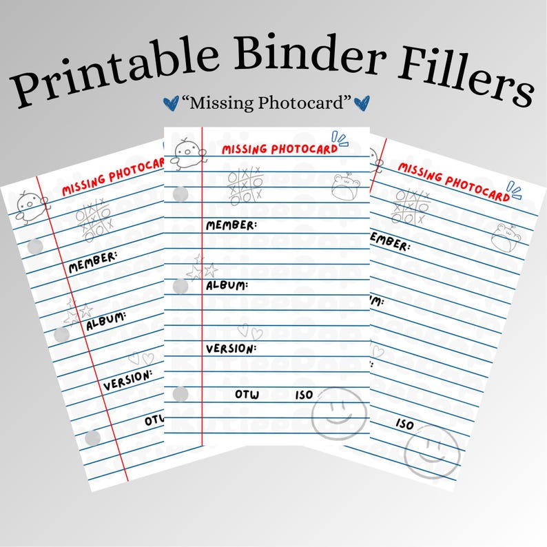 Missing Photocard Filler | Notebook Design | Digital Printable Binder ...
