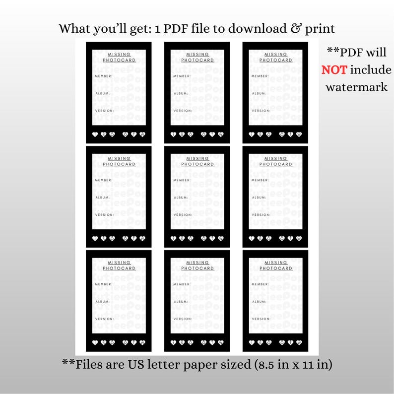 Missing Photocard Filler | Black Design | Digital Printable Binder ...