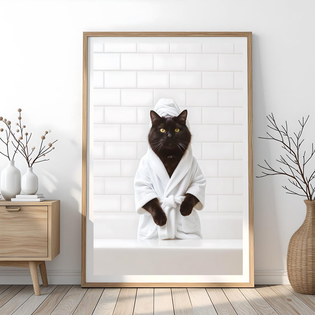 Funny Black Cat in Robe Art Print: Bathroom Spa Decor (digital Download ...