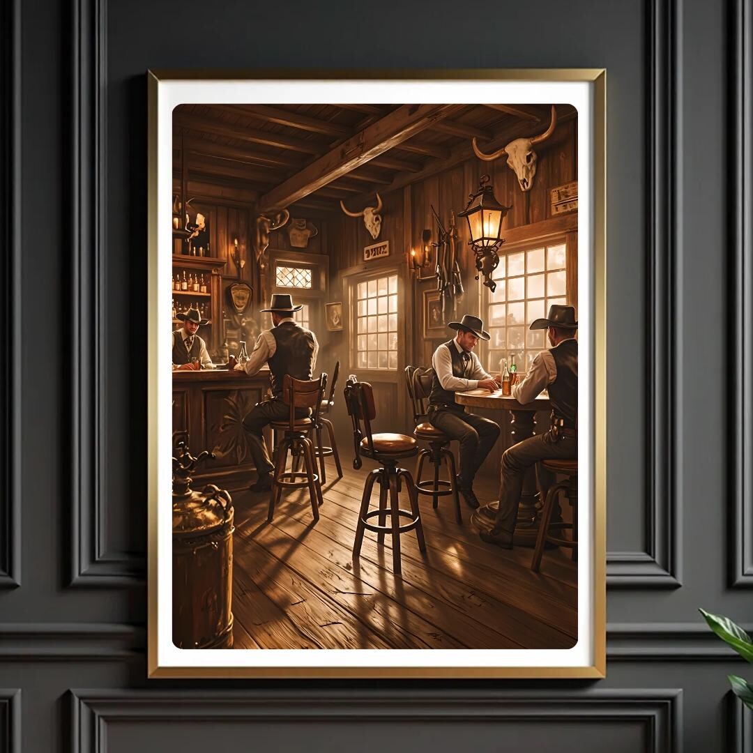 Wild West Saloon Scene – 1800s Cowboy Bar Oil Painting – Rustic Western ...