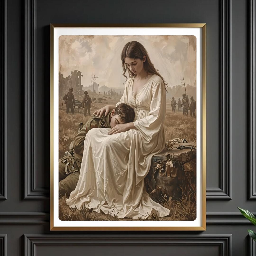 Emotional War Scene Wall Art – Grieving Woman & Soldier Poster ...
