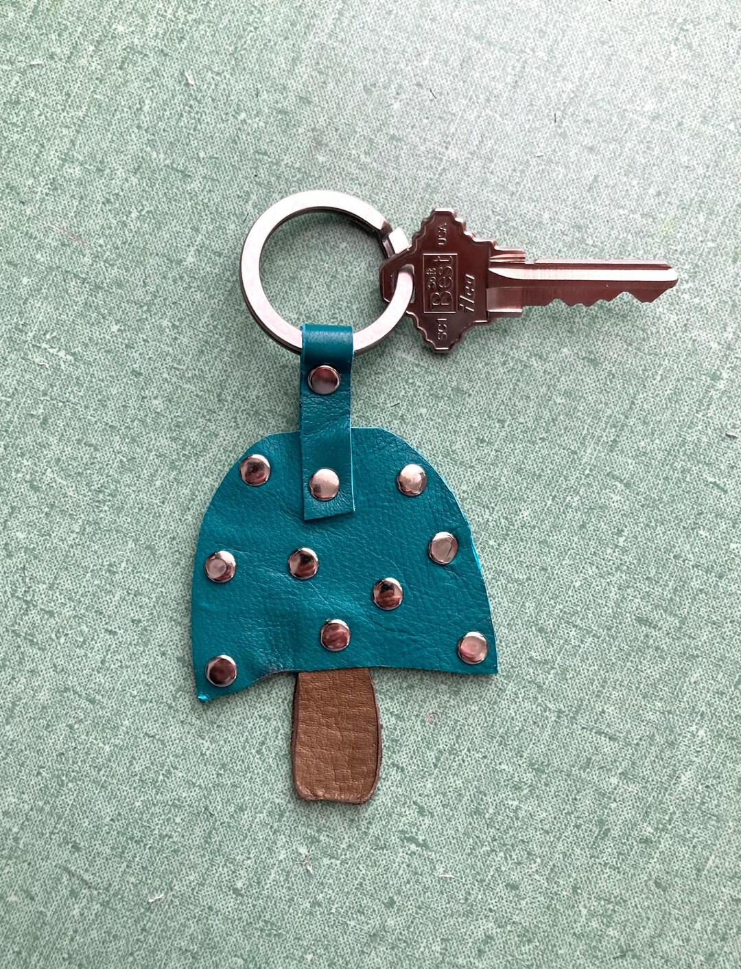 Leather Keychain Handmade Mushroom Shaped Teal Turquoise Blue W/ Rivets ...
