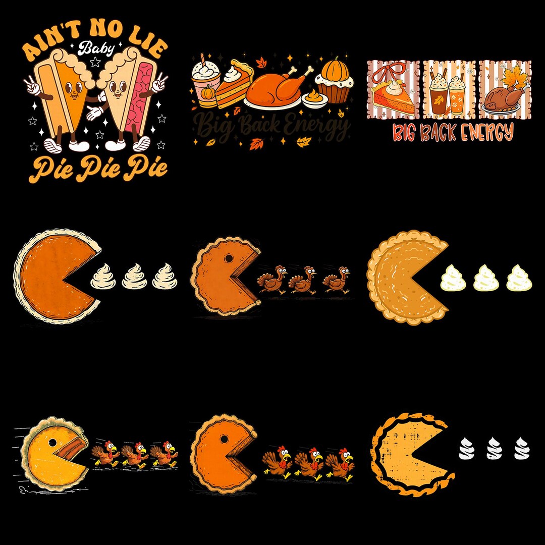 Funny Thanksgiving PNG: Pumpkin Pie Pac-man Chasing Turkeys (digital ...