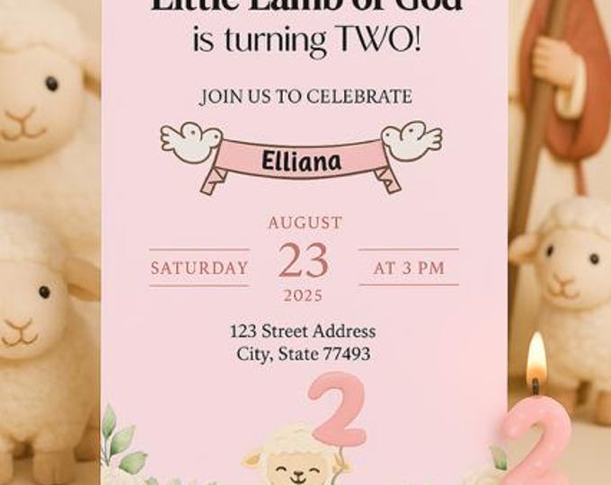 Little Lamb of God Birthday Invitation | Editable Faith-based Invite ...