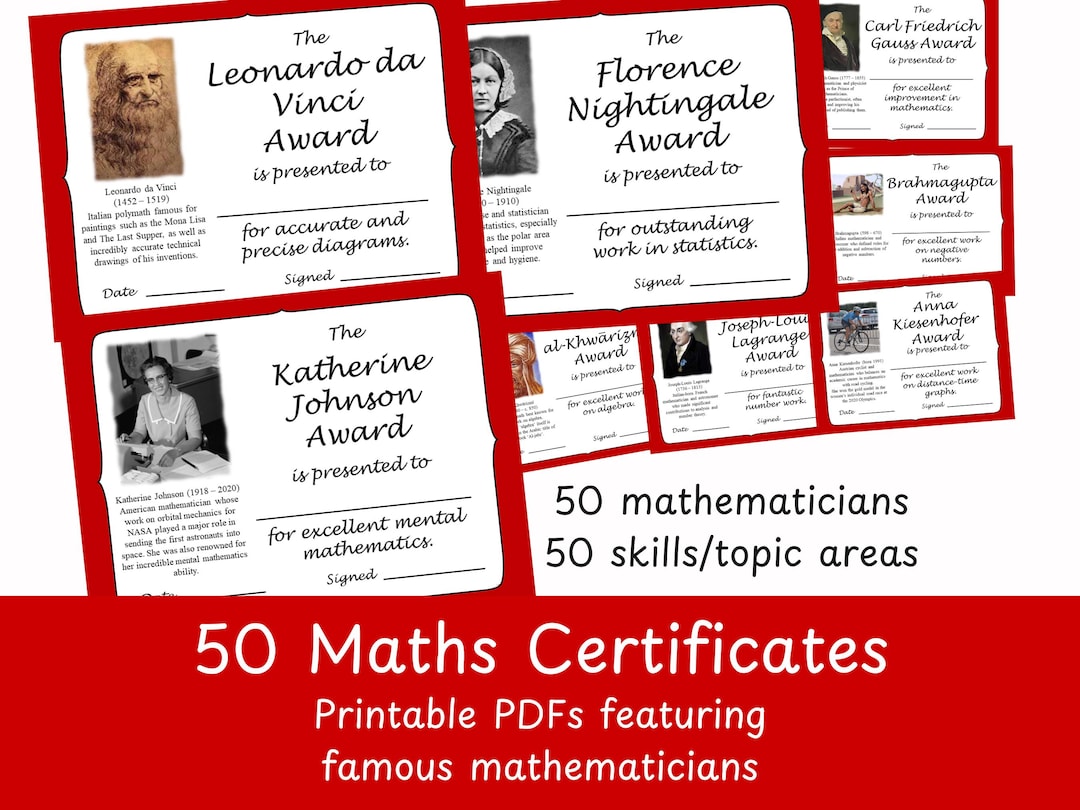 Maths Certificates Pack 50 Printable PDF Awards Featuring Famous ...