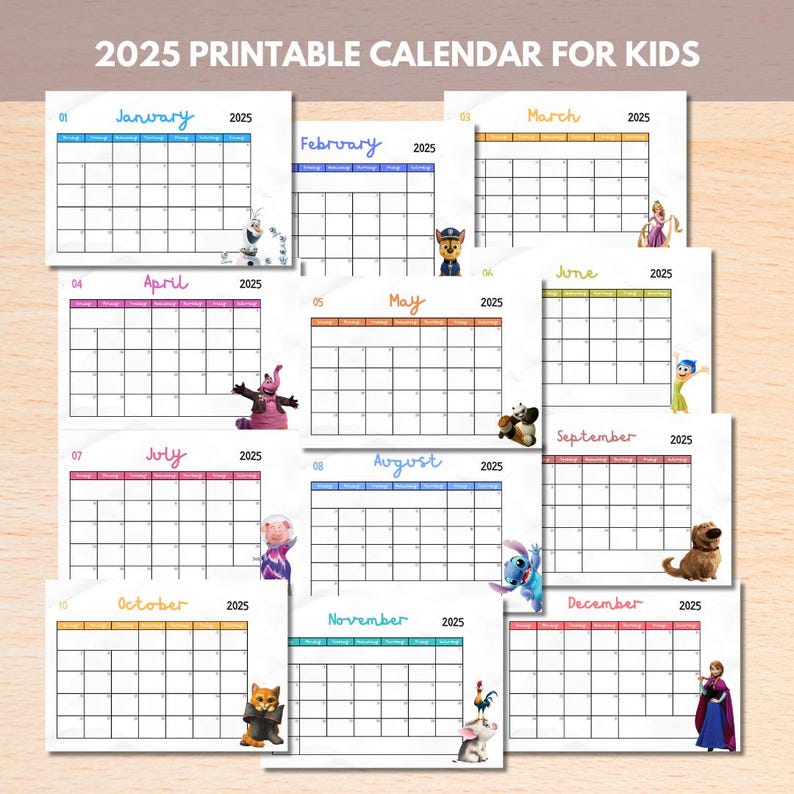 2025 Printable Calendar for Kids With Movie Characters - Etsy